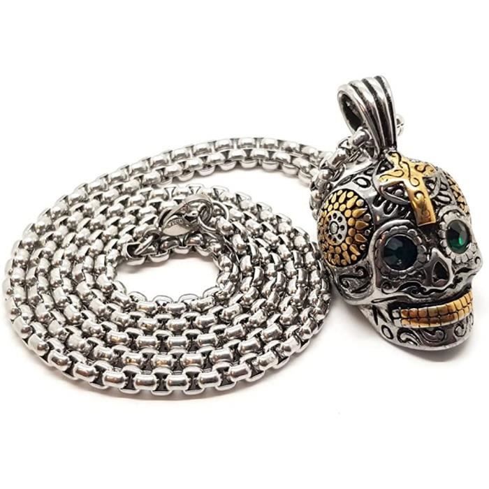 Pendentif Homme Femme Tête De Mort Biker Maya Dorée Croix Acier Or ...