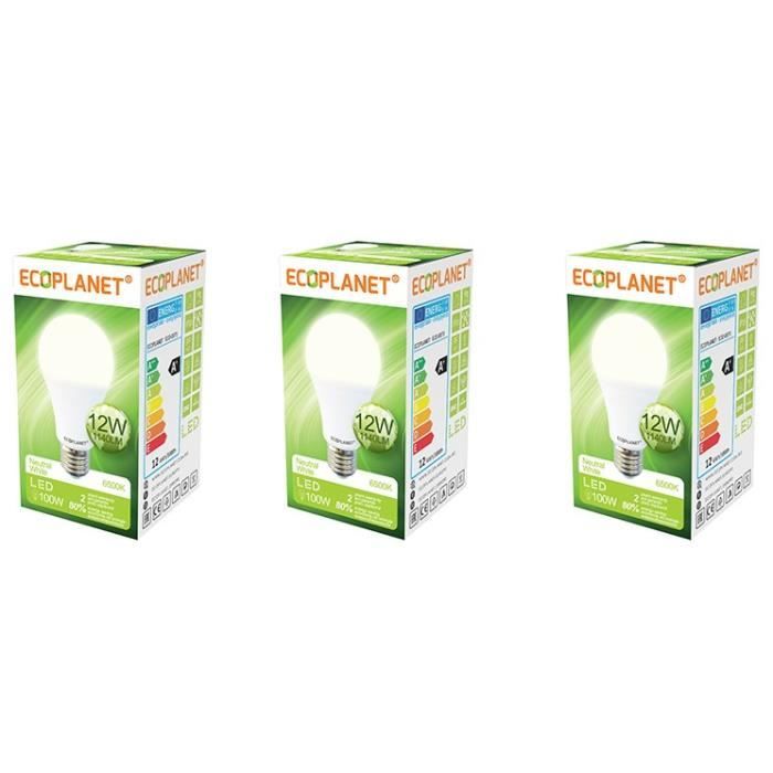 Ecoplanet - Lot de 3 Ampoules LED A60, 12W (100W), Gros Culot E27, 1140 Lm, Blanc Neutre 4000K ...