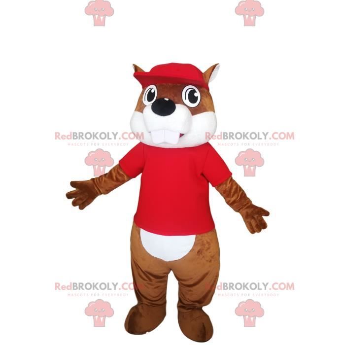 Mascotte de castor marron avec un maillot rouge. - Costume Redbrokoly ...
