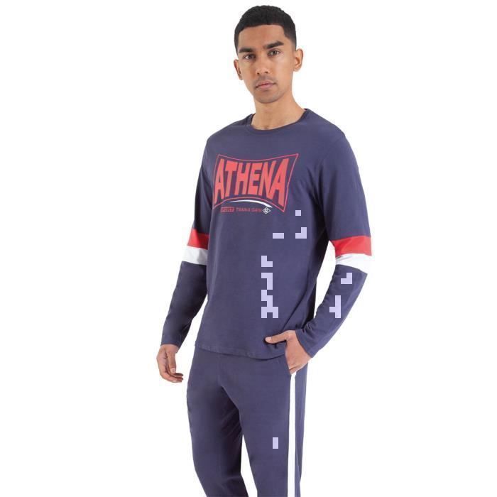 Pyjama long col rond homme Homewear Athena Marine-sérigraphie rouge ...