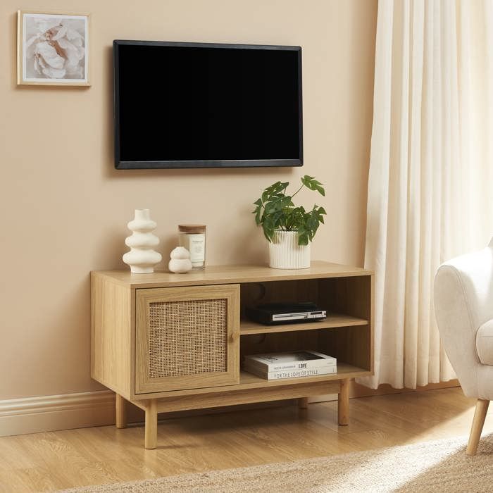 Meuble tv HELENA effet chêne et cannage rotin 90cm - Bois - Cdiscount ...
