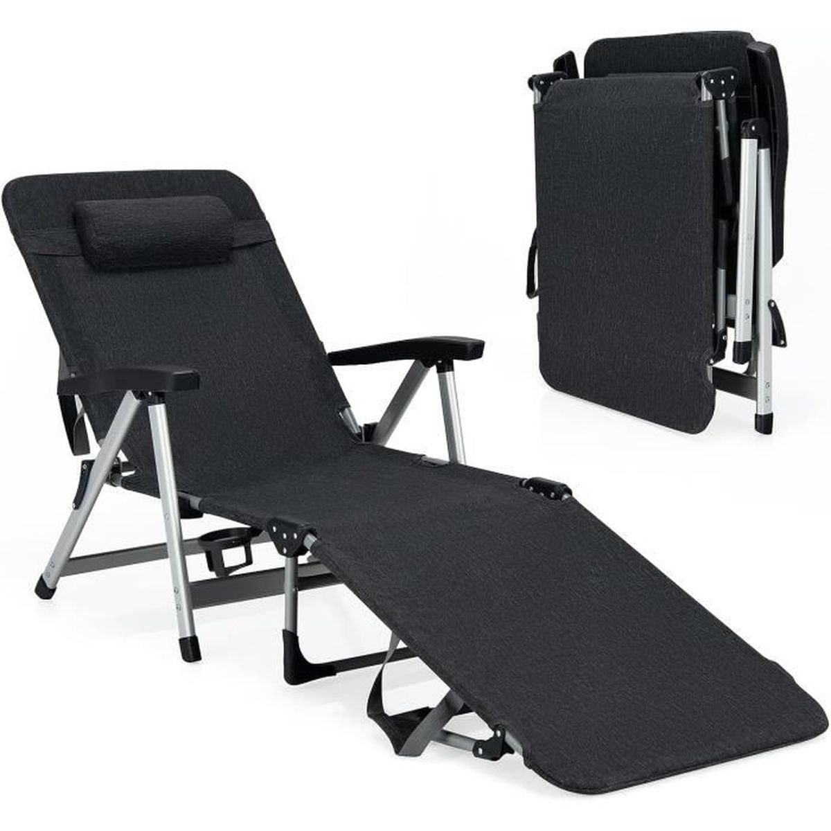 GIANTEX Chaise Longue de Jardin Pliable avec Appui-Tête+Dossier Réglable à 7 Niveaux+Porte ...