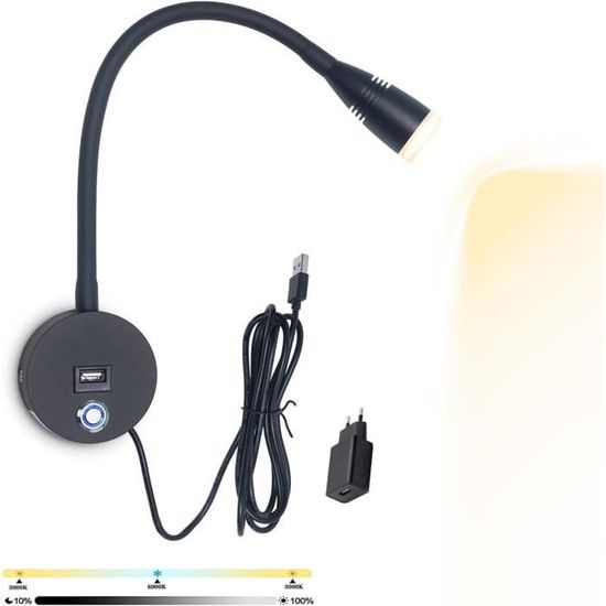 Lampe De Lecture Murale Led Applique Liseuse Col De Cygne Flexible 3W Dimmable Interrupteur ...