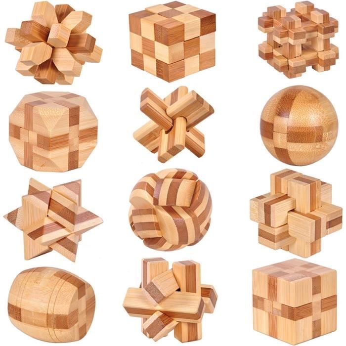 12 Pièces Casse-tête en Bois 3D Brain Teaser Puzzle IQ Esprit Test, Jeu ...