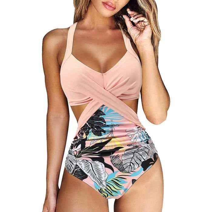 Maillot De Bain Femme 1 Pieces Gainant Piscine Slim Push Up Monokini Dos Nu Bikini Col en V ...