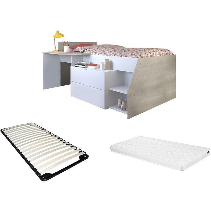 Lit avec bureau et rangements - 90 x 190/200 cm - Blanc et naturel ...