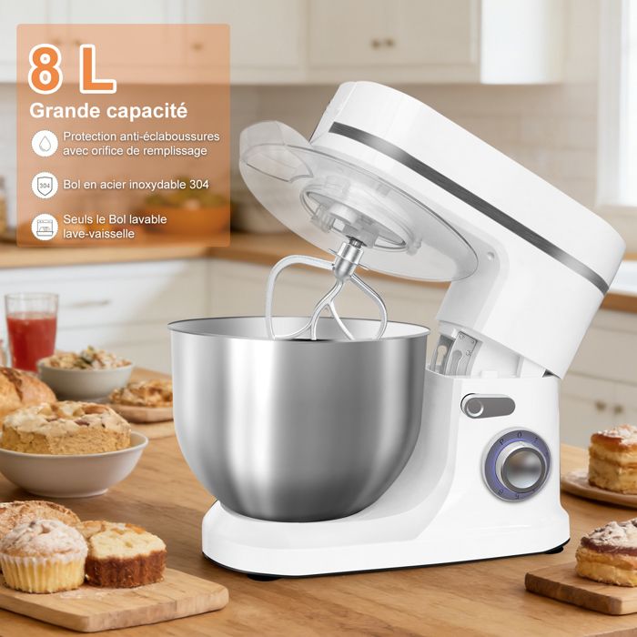 KITYTETY Robot Pâtissier 1600W, Robot pétrin multifonction avec Bol 8 L ...