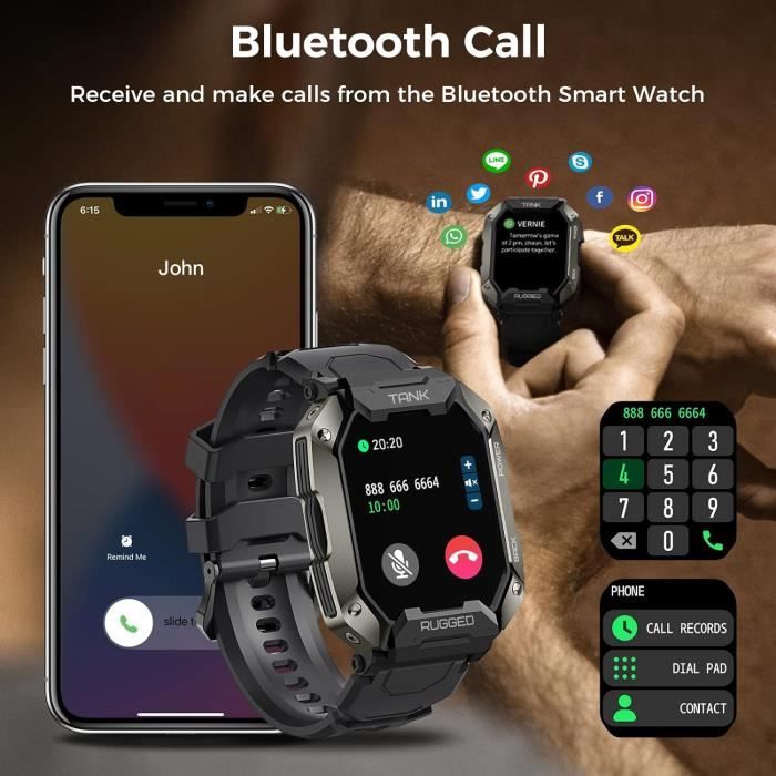 Tank Pro Montre Connectée Homme Appel Bluetooth, 1.72'' Ip69K Étanche ...