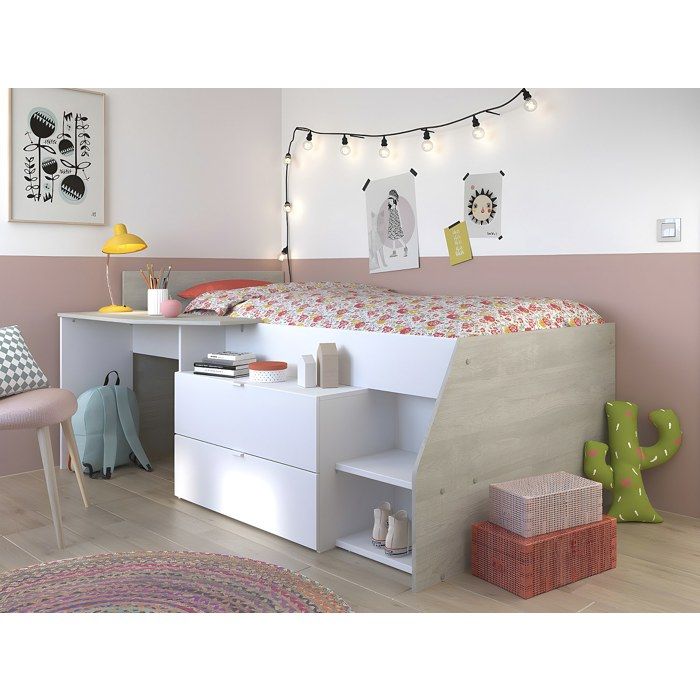 Lit avec bureau et rangements - 90 x 190/200 cm - Blanc et naturel ...