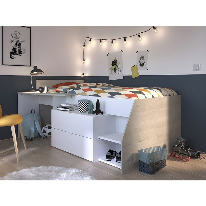 Lit avec bureau et rangements - 90 x 190/200 cm - Blanc et naturel ...