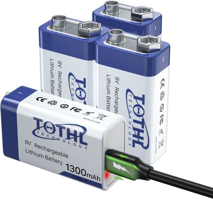 Pile 9V Rechargeable, 1300 mAh Pile 9V Lithium USB C avec Chargeur ...