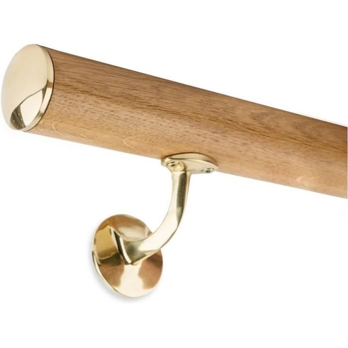 Main courante ronde en bois de chêne 45 mm avec capuchon en laiton et 2 ...