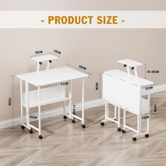 LVHCMFOHM Bureau Pliable Mobile Blanc 71x58cm, Avec Support Écran ...