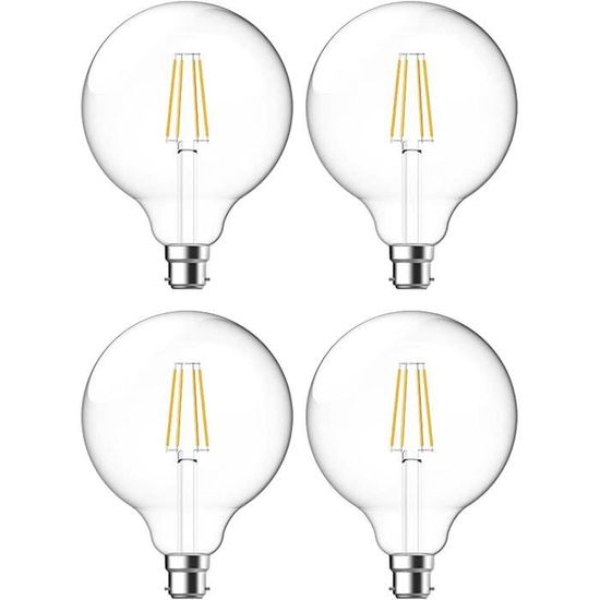 Lot de 4 ampoules LED G120 à filament transparent, culot à baïonnette B22, 7 W, 806 lumens ...