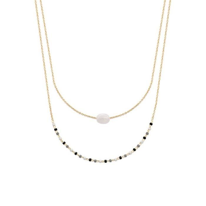 Collier - Plaqué or 18 Carats - Double rang - Pierre de lune - Perles ...