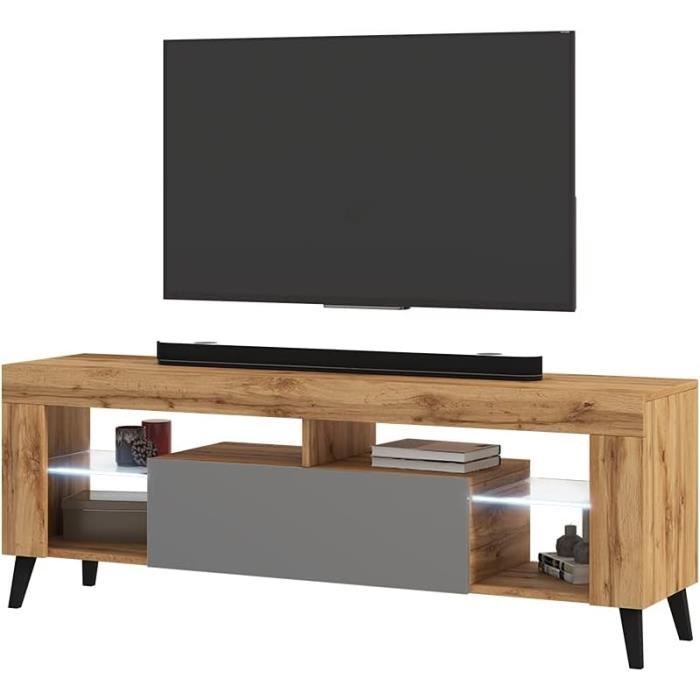 Hugob - Meuble Tv - 140 Cm, Chêne Lancaster-Gris Brillant, Led À Piles ...