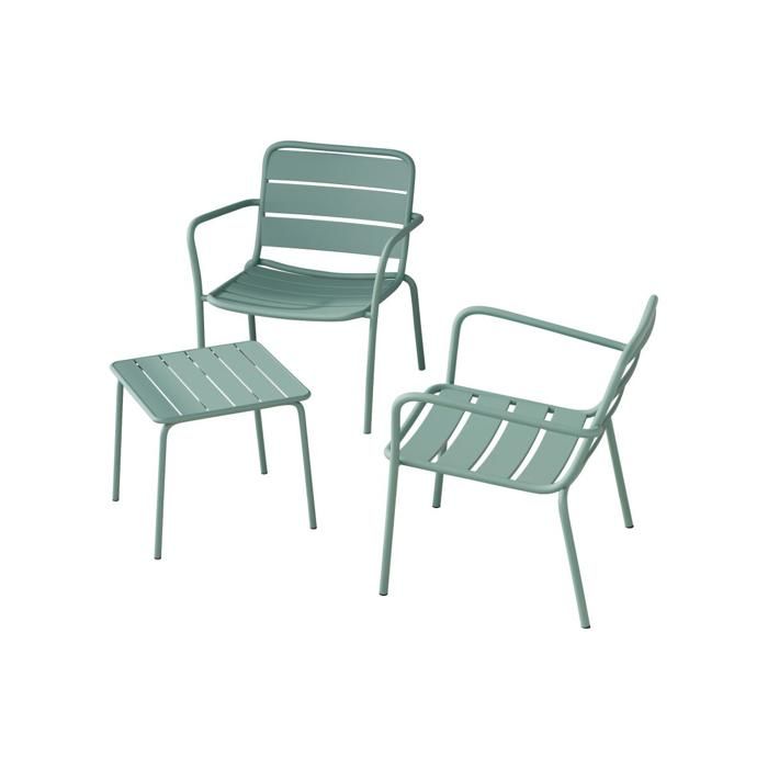 Salon de jardin en métal - 2 fauteuils bas empilables et une table d'appoint carrée - Vert ...