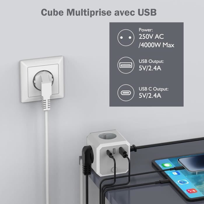 Multiprise USB, prise murale multiprise Cube, 2 prises USB et 1 prise ...