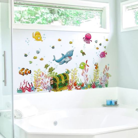 Stickers Muraux Enfants Monde Sousmarin 2 (122X68 Cm) I Aquarium Poissons Mer Océan Autocollants ...