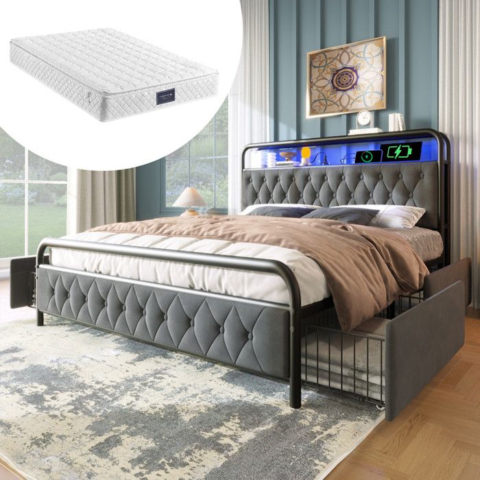 Lit 2 Personnes 160x200 cm avec USB et LED, Lit Double en Velours ...
