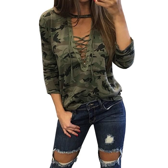 Minetom Femmes Manches Longues Mode Chemise Top Casual Slim Camouflage ...