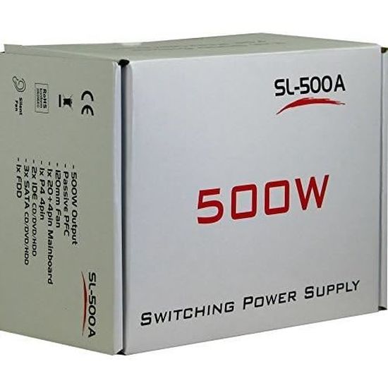 Alimentation pour PC 500W - Intertech SL-500A - 3x S-ATA, 20+4 et P4 connectors - Super silent ...