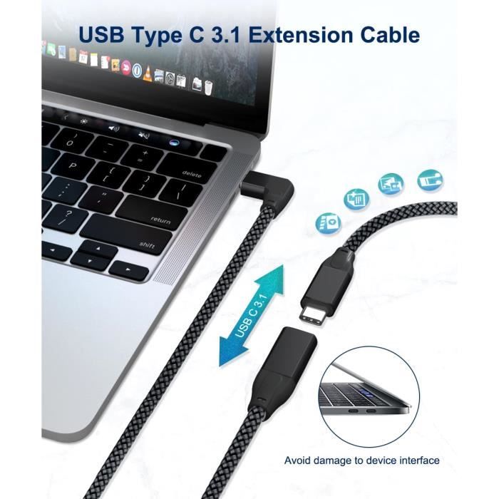 Câble Extension Usb C 1M,Coudé Usb-C 3.1 Gen2 10Gbps Cordon 90 Degrés ...