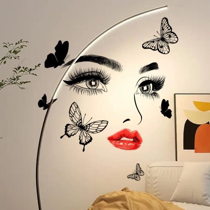 Kalavika Sticker Muraux Autocollant femme aux lèvres rouges et papillon ...