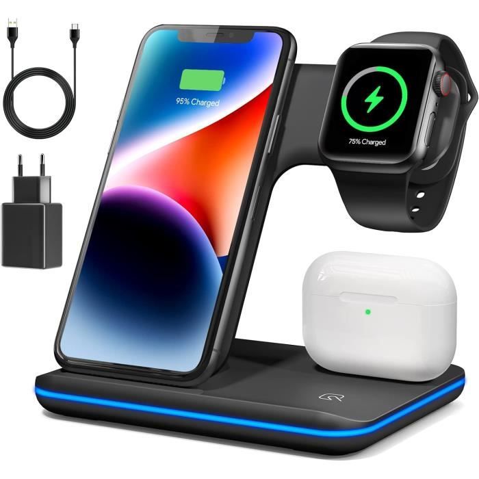 Chargeur Sans Fil 3 En 1 Compatible Avec Iphone 15, 14, 13, 12, 11 Pro ...