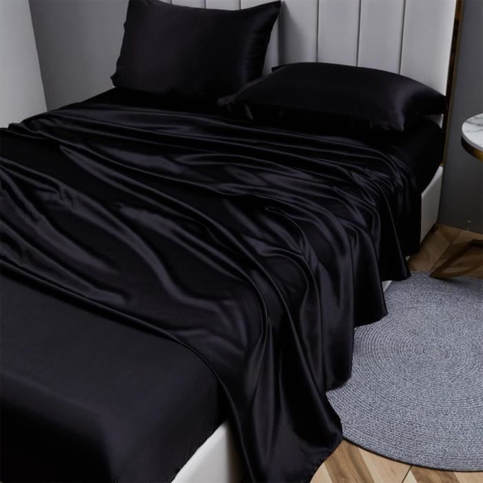 Drap Housse 180X200X30Cm Satin Noir Microfibre Drap De Lit Respirant ...