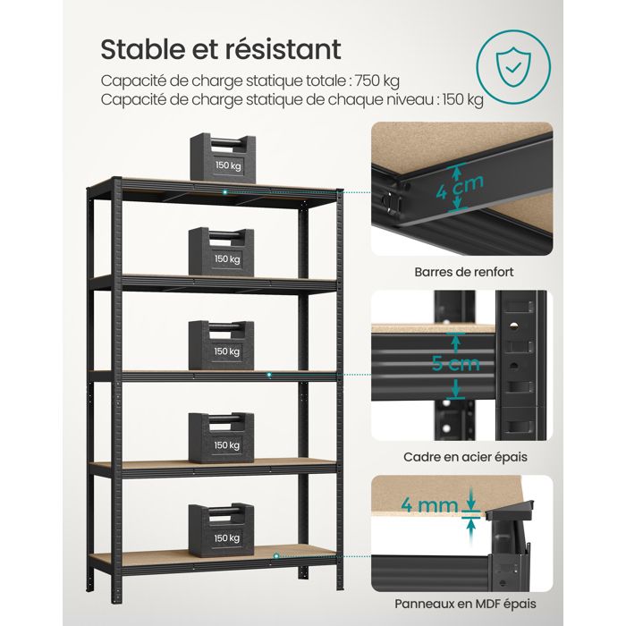 Étagère Charge Lourde Métallique à 5 Niveaux - SONGMICS - 200 x 120 x 60 cm - Capacité 75. kg ...