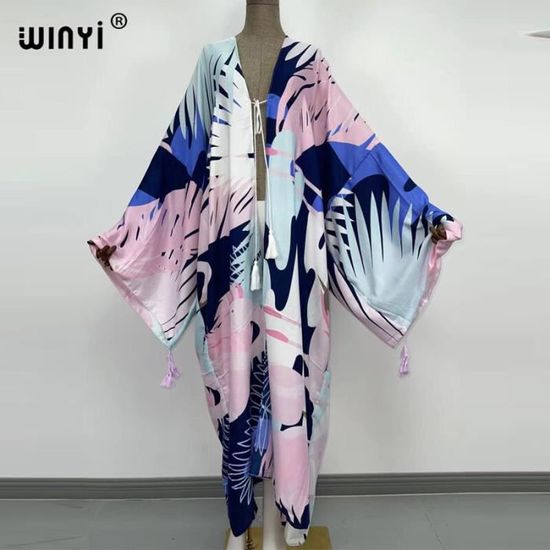 Robe de plage,WINYI-Robe kimono en coton rose pour femmes,imprimé Boho ...