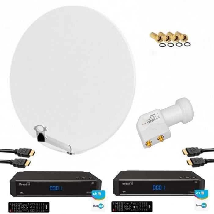 HDME KIT PARABOLE SATELLITE FIBRE BLANCHE 85CM + LNB TWIN + 2X RÉCEPTEURS TV FRANSAT AVEC CARTE ...