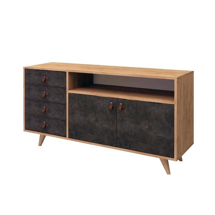 Buffet bas - MENZZO - Zeresa - 140 cm - Bois Chêne et Gris foncé - 2 ...