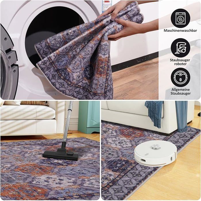 Living Room Rug, Washable 140 x 200 cm, Bohemian Short Pile, Large Area ...