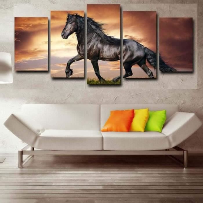 5 Panneaux Deco Cheval Noir Multi Panneau 5 Parties Impression Toile ...