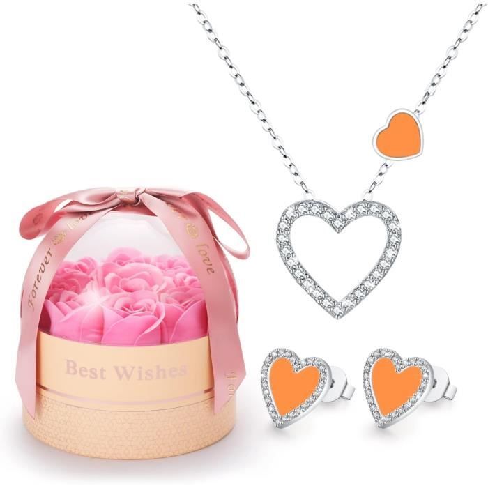 Coffret cadeau rose éternelle avec collier et boucles d'oreilles en forme de cœur, cadeau d ...