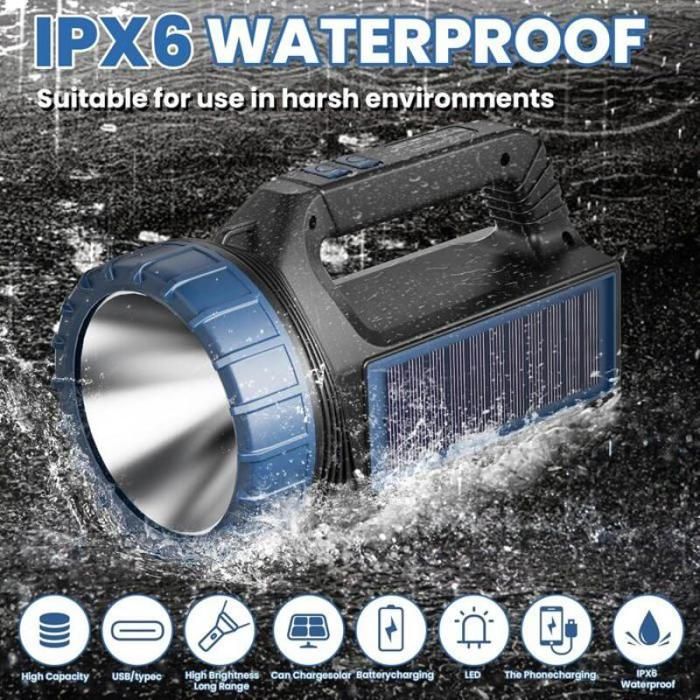 Lampe torche solaire 8000 lumens avec stroboscope d'urgence. Recharge ...