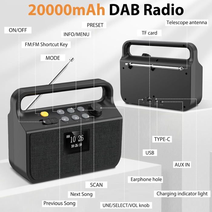 Radio Bluetooth 20000 mAh avec Fonction de Charge de Téléphone, Dab/FM ...