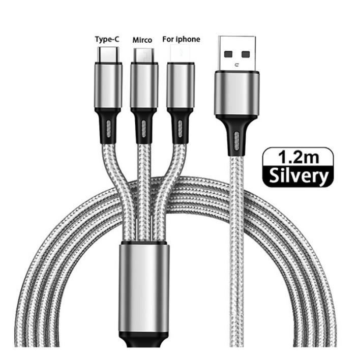 Couleur Gris Câble Multi 3 en 1 USB type-c pour recharge rapide, cordon ...