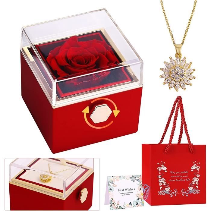 TJS-Rose stabilisée véritable rose éternelle boîte cadeau avec collier ...