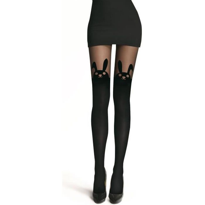 Prettylovehose Collant Voile Noir Opaque Lapin Bunny Jacquard Pantyhose