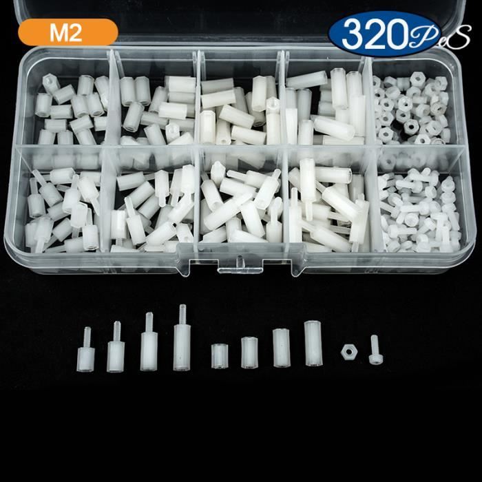 M2 320pcs -Kit d'assortiment d'entretoises hexagonales en Nylon pour hommes et femmes, boulons ...