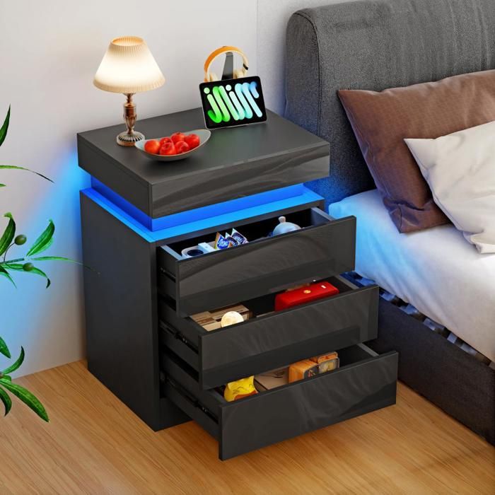 LVHCMFOHM Table de Chevet LED, Table de Nuit avec 3 Tiroirs/Rangement à ...