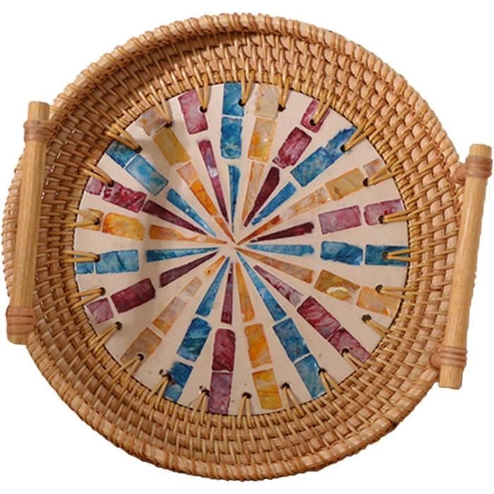 Plateau de Service décoratif en rotin Panier à Pain avec poignées en Bois Plateau à thé Boho ...