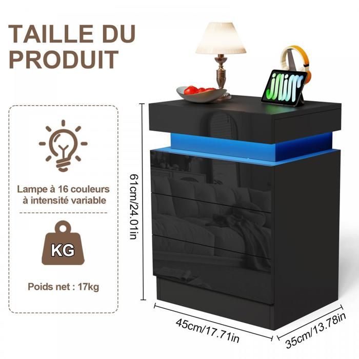 LVHCMFOHM Table de Chevet LED, Table de Nuit avec 3 Tiroirs/Rangement à ...