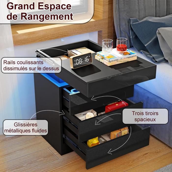 LVHCMFOHM Table de Chevet LED, Table de Nuit avec 3 Tiroirs/Rangement à ...