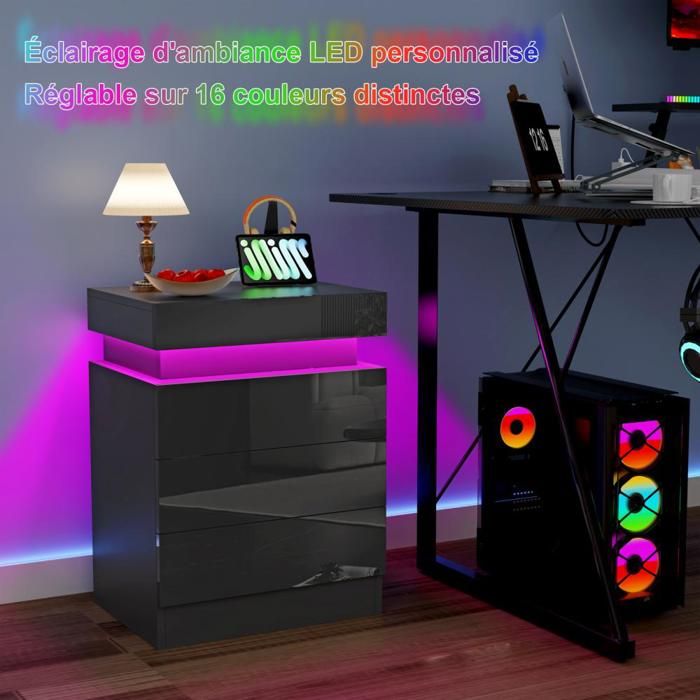 LVHCMFOHM Table de Chevet LED, Table de Nuit avec 3 Tiroirs/Rangement à ...