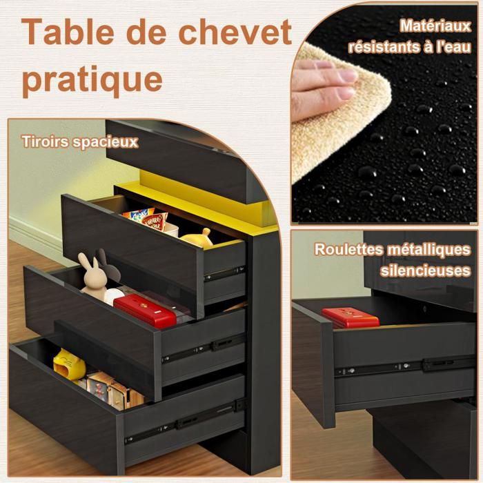 LVHCMFOHM Table de Chevet LED, Table de Nuit avec 3 Tiroirs/Rangement à ...