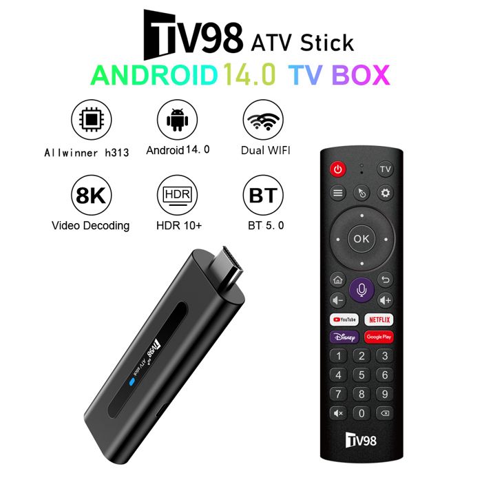 TV Box Stick TV98 ATV Pro, Boîte TV Android 14.0 H313 8K Ultra HD 2G + 16G WiFi Double Bande 2 ...